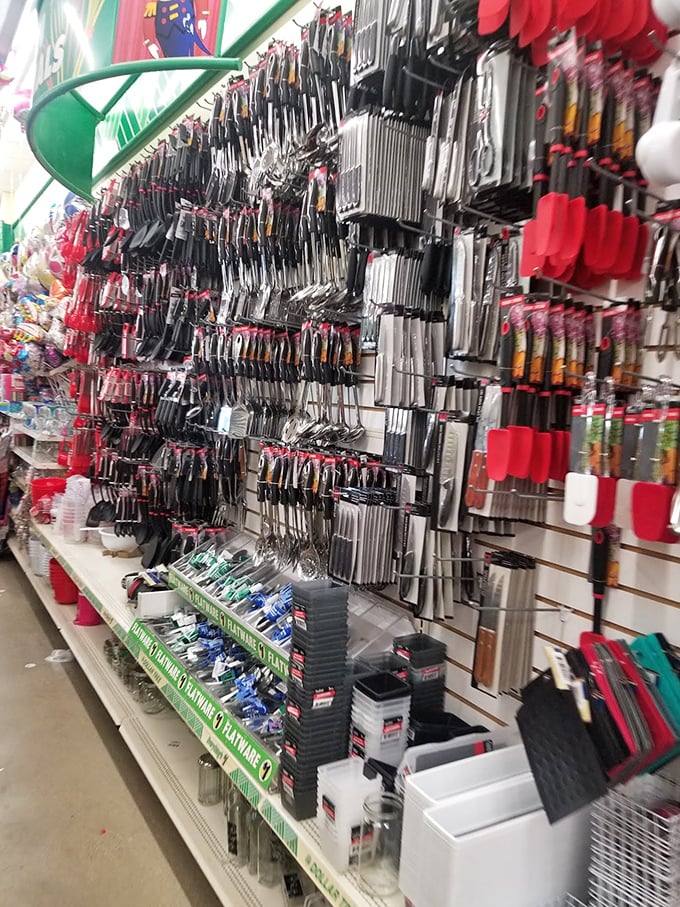 Kitchen utensils hang like metallic stalactites in a cave of culinary potential. Even Julia Child started somewhere, though probably not with a dollar spatula.