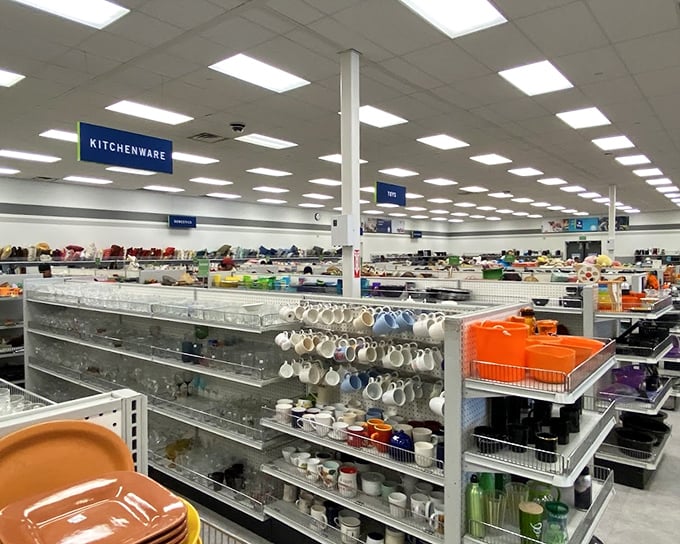 The kitchenware section: where your grandmother's favorite Pyrex pattern and that quirky mug you didn't know you needed live in perfect harmony.