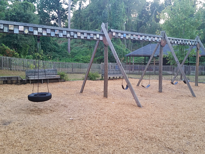 Simple pleasures reign supreme at this playground where the tire swing promises the same joy it delivered to generations before smartphones existed.