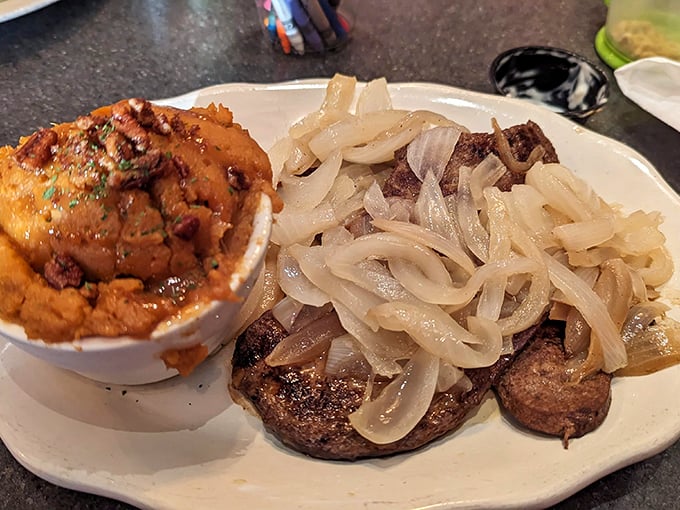 Liver and onions that could convert even the most stubborn skeptics. Those caramelized onions deserve their own fan club.