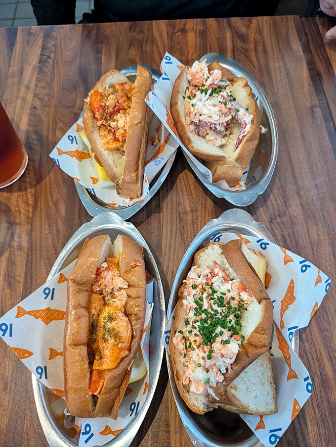 Lobster roll nirvana exists, and it comes in pairs! Whether you prefer yours warm with butter or chilled with mayo, these overstuffed beauties deliver pure maritime bliss.