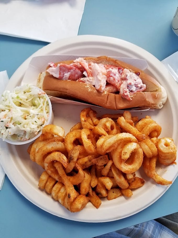 The Maine-style lobster roll in all its glory &ndash; chunks of sweet meat barely contained by the toasted bun, with curly fries standing by for backup.