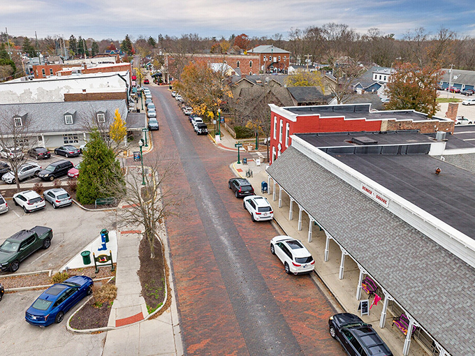 Main Street's aerial perspective showcases the brick-paved thoroughfare where locals have strolled for generations.