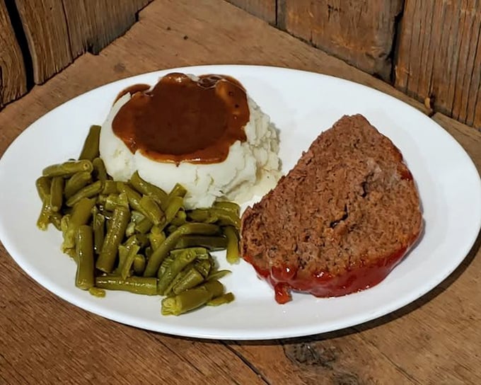 The star of the show: meatloaf that doesn't apologize for being meatloaf. Paired with green beans and mashed potatoes, it's comfort on a plate.
