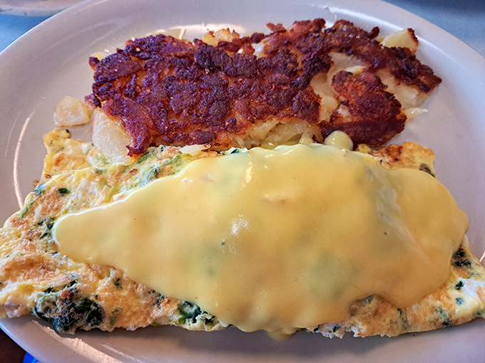 This omelet doesn't just have cheese on top&mdash;it's wearing a golden blanket of it, alongside hash browns crisped to perfection. Breakfast architecture at its finest.