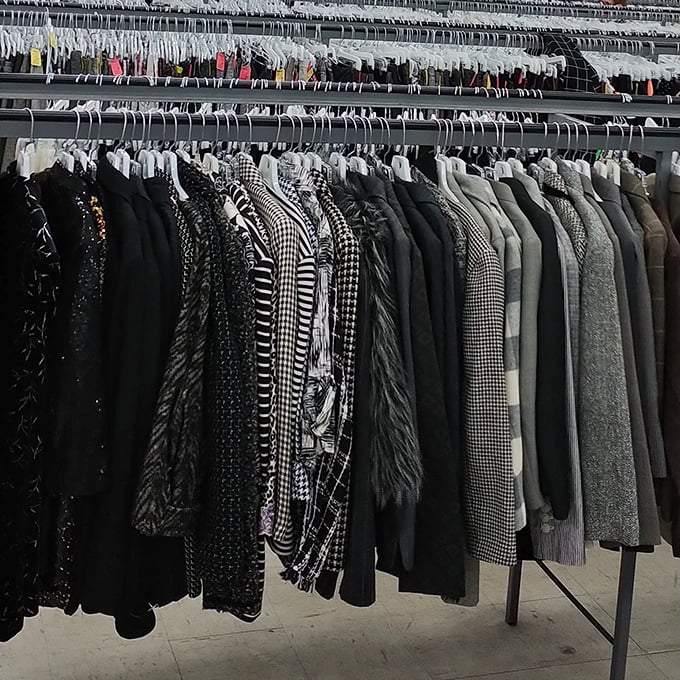 A symphony in monochrome – these racks of men's formal wear hold everything from job interview blazers to "my cousin's wedding" emergency options.