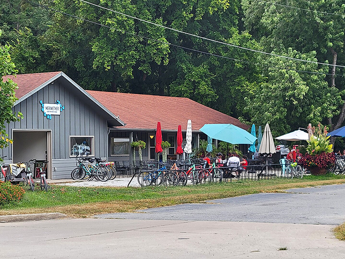 The Meriwether Café and Bike Shop brilliantly combines two essential services: fueling hungry cyclists and fixing their trusty steeds in one charming stop.