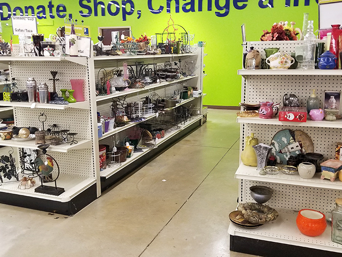 The home d&eacute;cor aisle: where yesterday's tchotchkes become tomorrow's conversation pieces against that vibrant lime green backdrop.