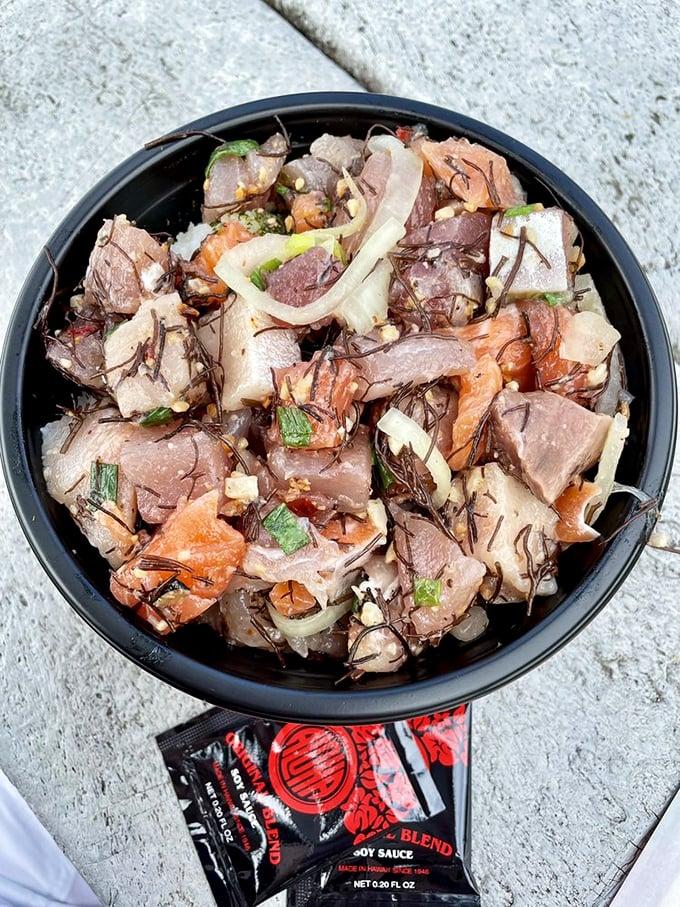 This mixed seafood poke looks like an underwater party where every guest brought their tastiest outfit.