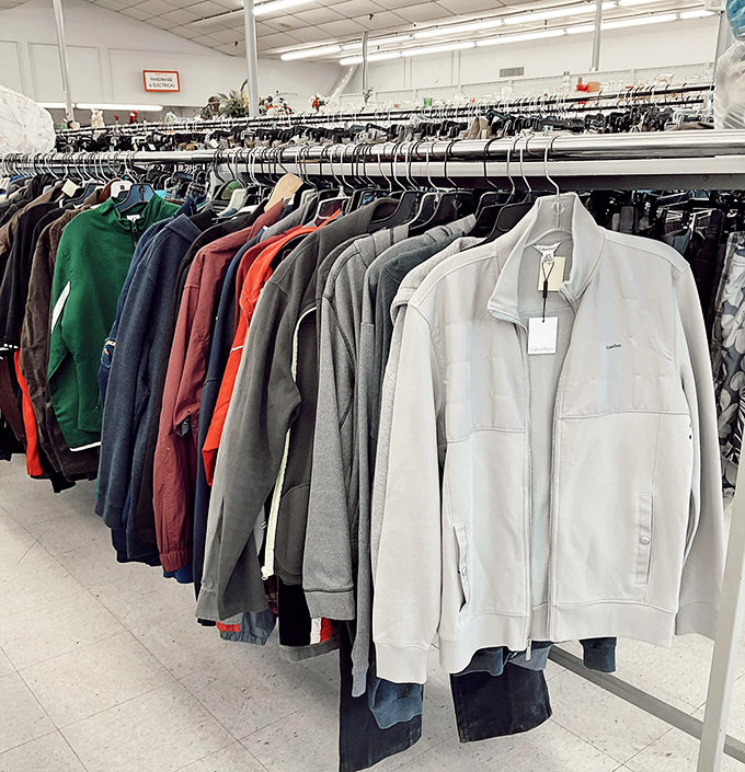 The jacket section: where leather, denim, and synthetic fabrics from every decade gather for their second chance at fashion greatness.