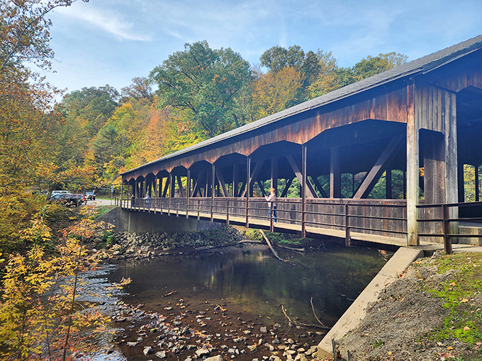This covered bridge isn't just crossing water; it's spanning centuries, connecting modern visitors to Ohio's pastoral past.