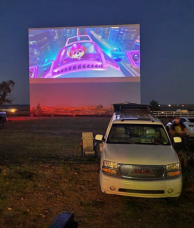As darkness falls, the magic begins. An animated feature lights up the massive screen while families settle in for a night of cinematic wonder.