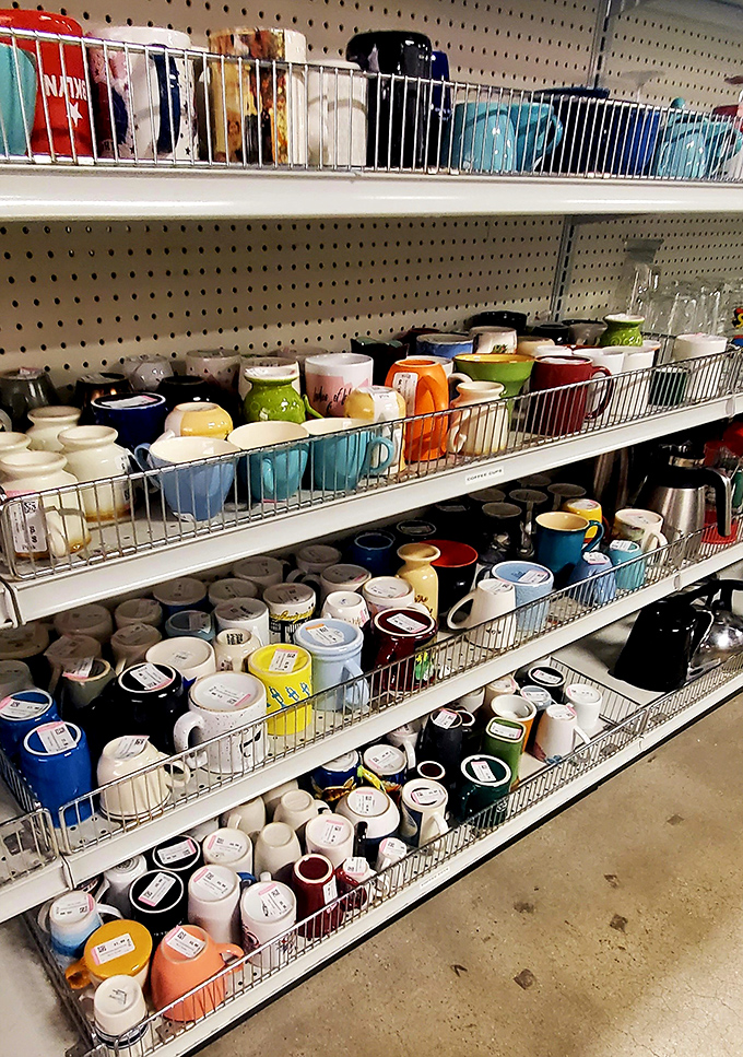 Mug heaven exists, and it's arranged in metal baskets. Each ceramic vessel holds stories of morning coffees past and future caffeine-fueled conversations.