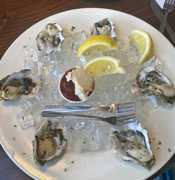Seven pristine oysters on ice, looking like pearls that taste even better than they cost.