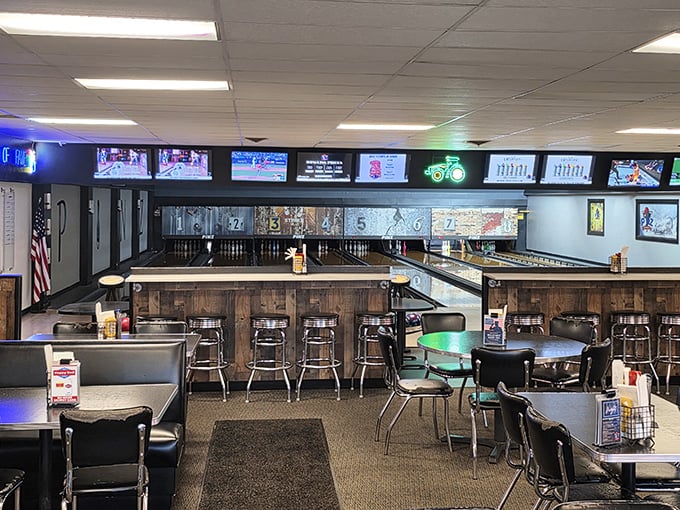Inside where the bowling balls roll and friendships form over cold drinks and comfortable competition. 