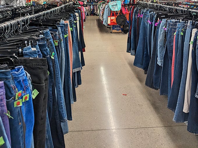 Denim as far as the eye can see! The jeans section offers more options than a coffee shop menu, each pair with its own story and already broken in for comfort.