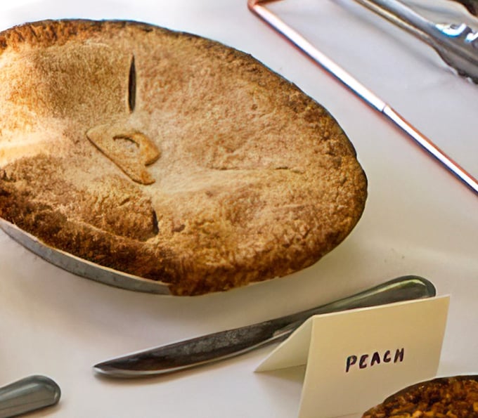 A perfectly crimped peach pie waits for its destiny, the "P" vent revealing the sweet summer treasure hiding beneath.
