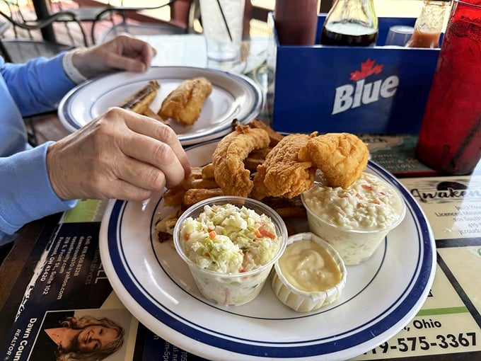 Golden-fried perch that practically jumps off the plate, flanked by creamy coleslaw and tartar sauce. Lake Erie's finest moment, captured on a blue-rimmed plate. 
