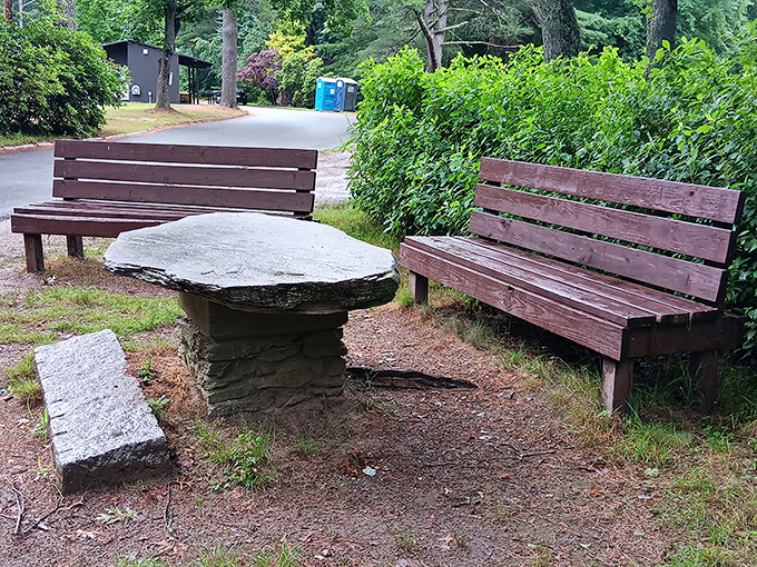 This stone table picnic setup is what happens when Fred Flintstone designs outdoor furniture&mdash;primitive yet perfectly practical.