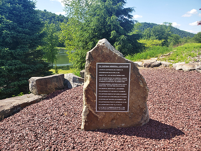 History etched in stone&mdash;this plaque tells the lighthouse's story while visitors contemplate why Pennsylvania needed maritime guidance in the first place.