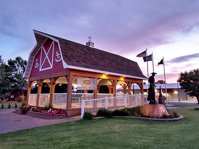 This charming red barn pavilion transforms into community central during summer evenings&mdash;Norman Rockwell would approve!