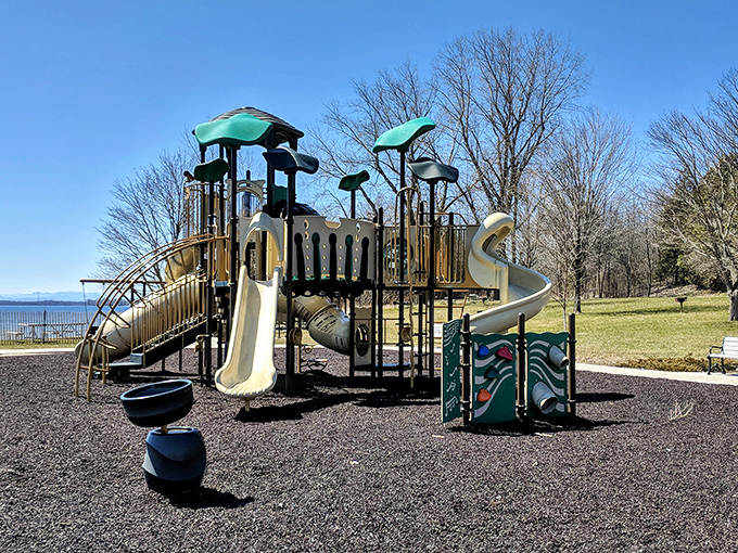 Modern playground equipment at Point Au Roche State Park invites adventure with Lake Champlain views in the background. Childhood joy with a scenic bonus.