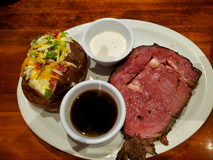 This, friends, is why you came. Perfectly pink prime rib with all the fixings that makes vegetarians question their life choices.