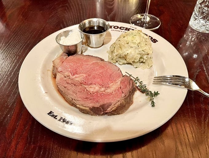 The star of the show: prime rib so perfectly pink it could make a vegetarian question their life choices. Served with just enough sides to feel civilized.