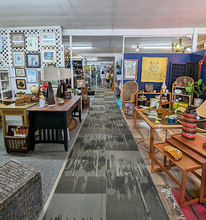 Winding aisles lead to vendor universes where mid-century furniture waits to be rediscovered by new generations.