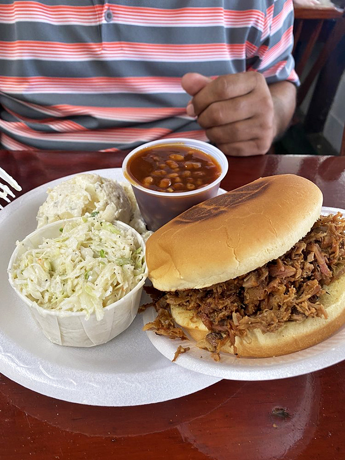 Behold the pulled pork sandwich in its natural habitat&mdash;tender, smoky meat piled high on a soft bun with perfect sides standing guard.