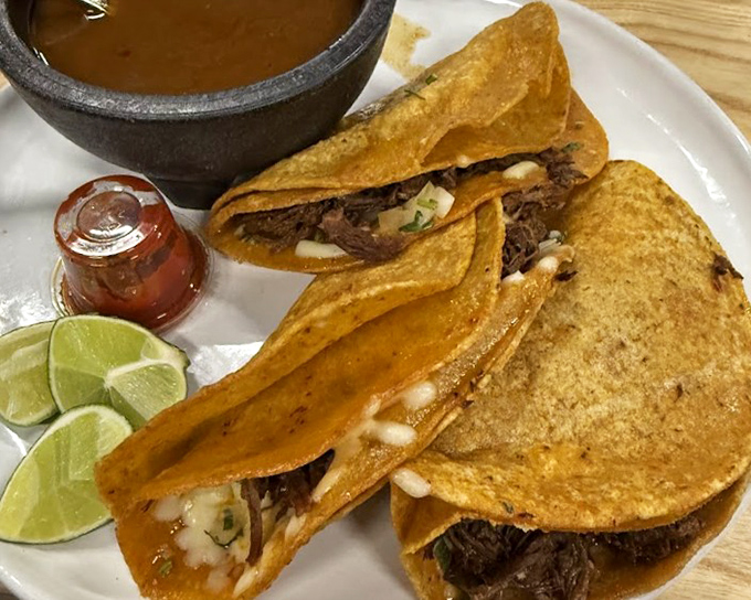 Behold the legendary queso birria tacos! That cheese pull could win Olympic medals, while the consomm&eacute; deserves its own fan club.