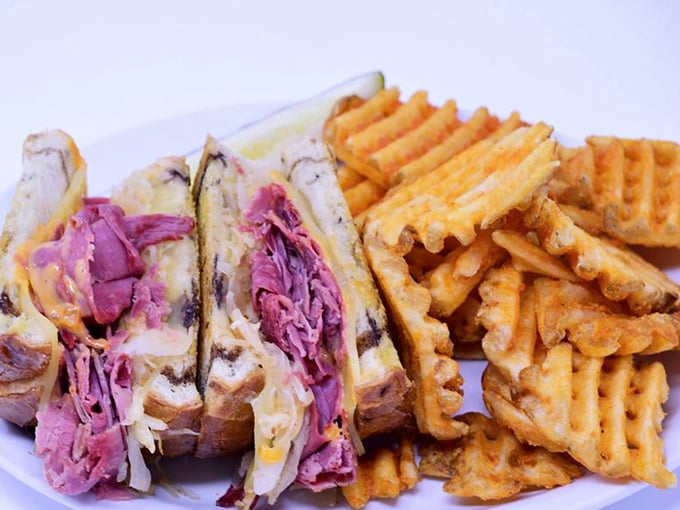 The star of the show &ndash; Dixie's legendary Reuben sandwich with perfectly grilled rye bread, stacked corned beef, and those addictive waffle fries.