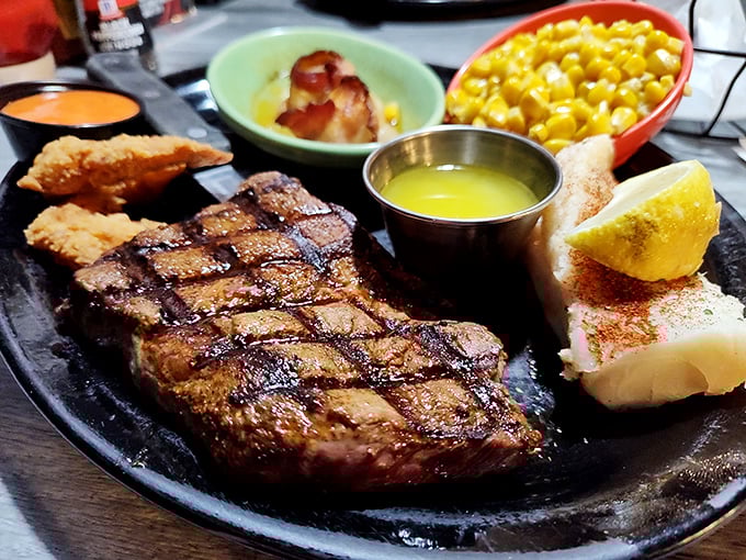 Behold the star of the show &ndash; a perfectly grilled ribeye with those beautiful char marks that whisper, "This is why you came here."