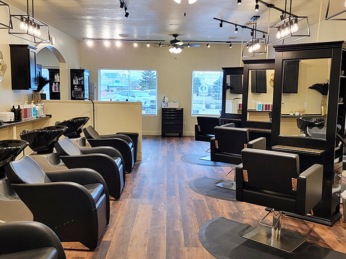 A modern salon interior proves that lake life doesn't mean sacrificing style &ndash; those chairs look ready for relaxation.