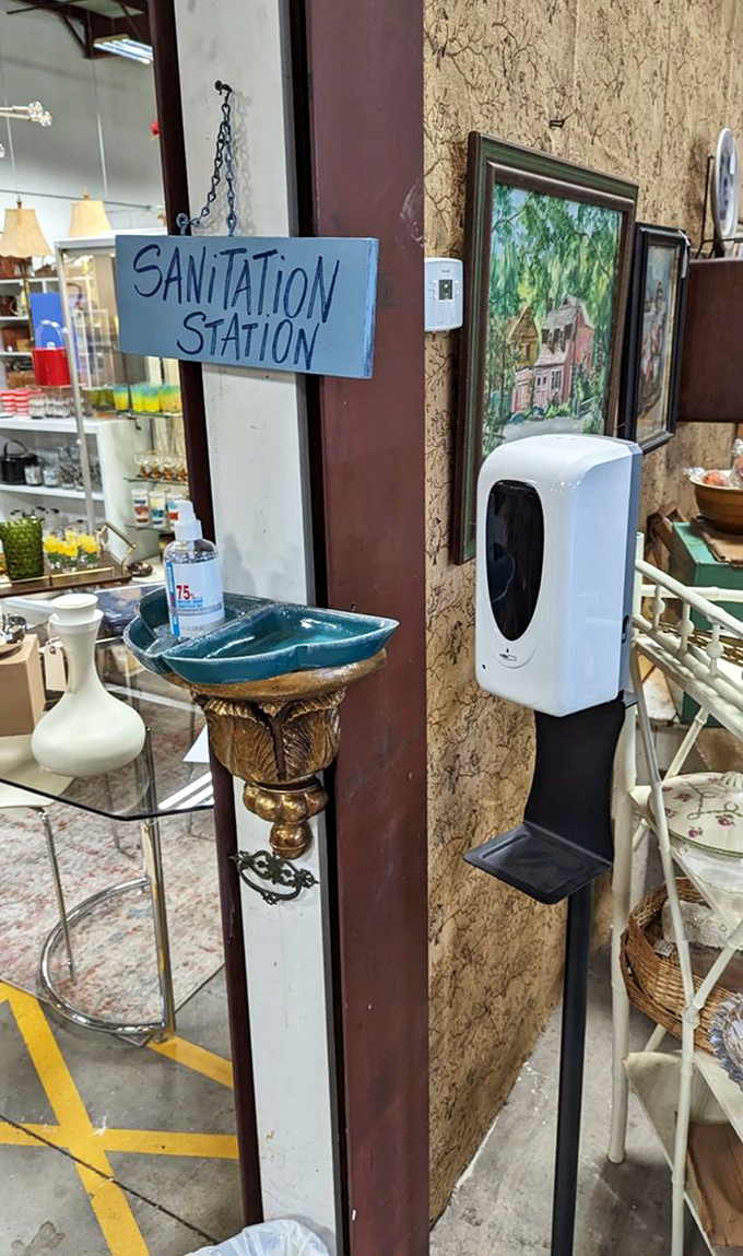 Even hand sanitizer gets the vintage treatment here, with a decorative bowl serving as the "sanitation station" &ndash; cleanliness with a side of style.
