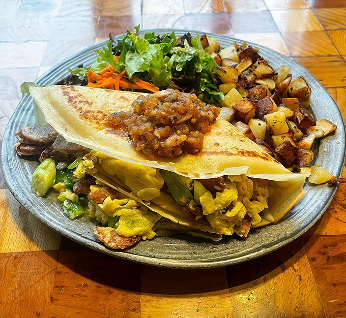The legendary Santa Fe crepe in all its glory &ndash; where breakfast, lunch, and the American Southwest collide in perfect harmony.