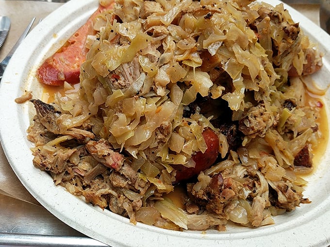 Behold the star of our show: that legendary sauerkraut, glistening atop tender meat like a tangy crown jewel that would make any Cleveland grandmother nod in approval.