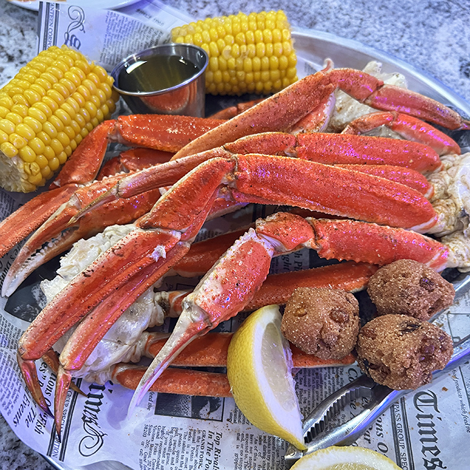Snow crab legs and golden hushpuppies &ndash; a plate that makes you wonder why anyone would ever eat anything else. The corn is just showing off at this point.