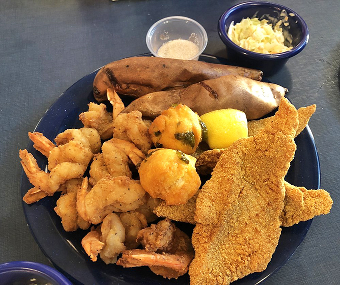 Golden-fried treasures from land and sea share a plate in perfect harmony, like a delicious family reunion where everyone gets along.