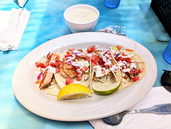 These tacos aren't just food, they're an event. Fresh fish, bright pico, and that essential lime squeeze—simplicity that somehow tastes complicated.