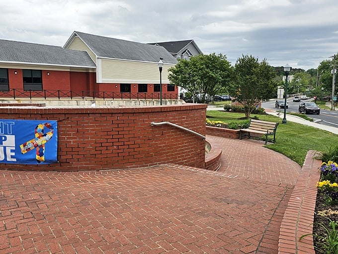 Brick pathways and thoughtful landscaping create peaceful public spaces throughout town. Places to sit and ponder life's big questions&mdash;like what's for lunch at the local diner.