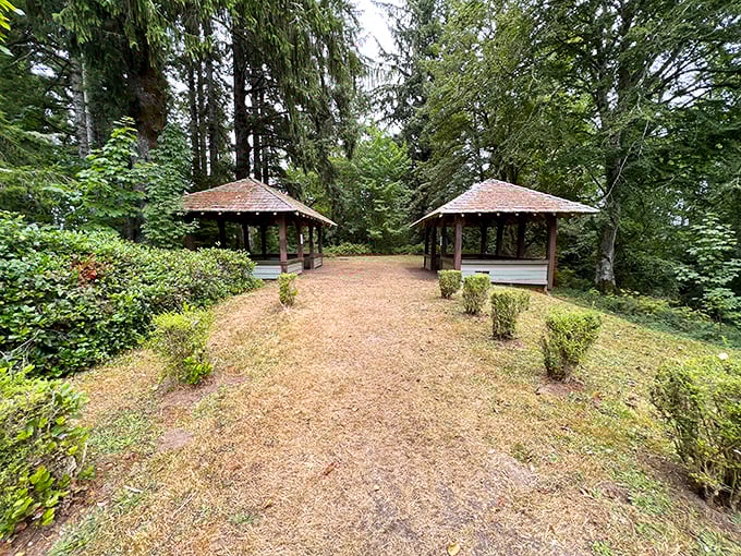 These twin shelters at Shively Park whisper, "Come have a picnic," even when the Pacific Northwest skies suggest otherwise.