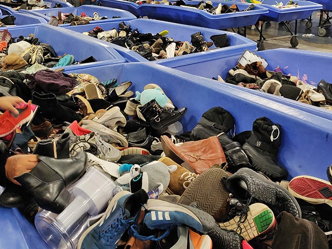 The shoe bin: where footwear goes for its second chance at romance. Finding matching pairs is like reuniting long-lost soulmates.