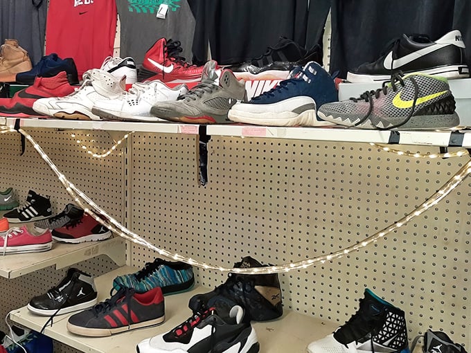 The sneaker wall&mdash;a museum of athletic footwear evolution where yesterday's status symbols become today's affordable statement pieces.