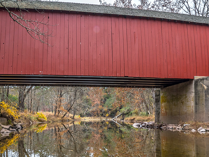 Autumn transforms Van Sant into a painting come to life, its crimson sides reflecting in Pidcock Creek's mirror-like surface below.