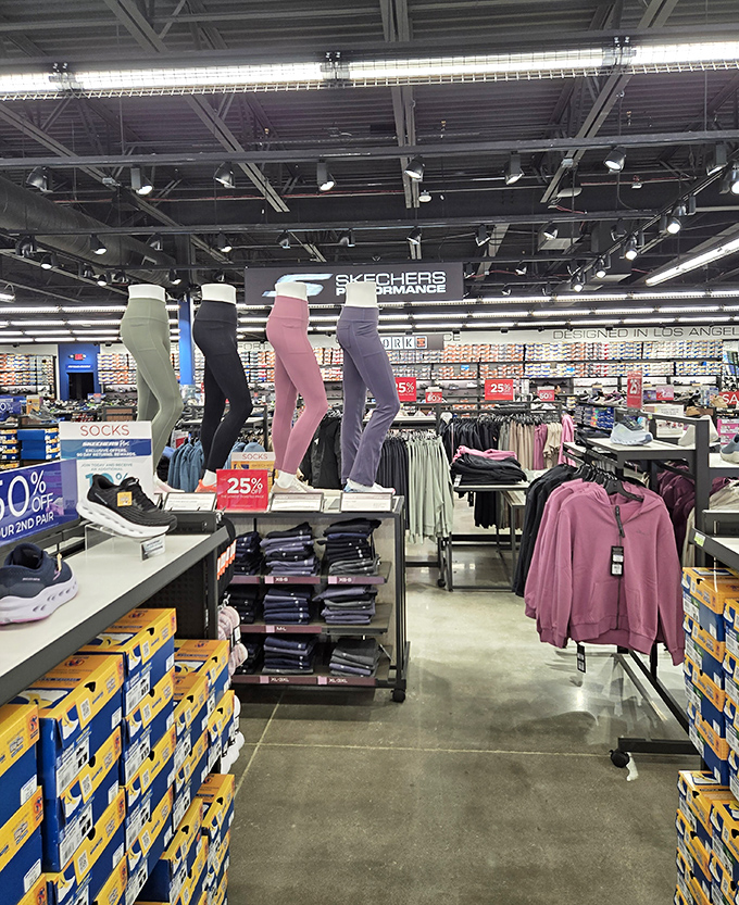 At Skechers, mannequin legs model the latest in comfort wear. Because nothing says "I've given up on discomfort" like colorful leggings and memory foam sneakers.