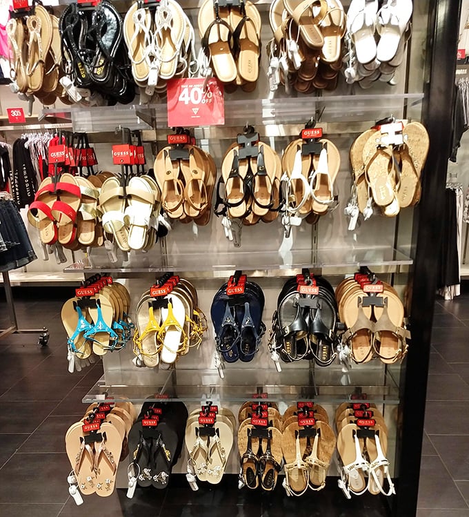 Summer sandals hanging like ripe fruit ready for picking &ndash; at 40% off, you might as well grab a bunch for your whole seasonal wardrobe.