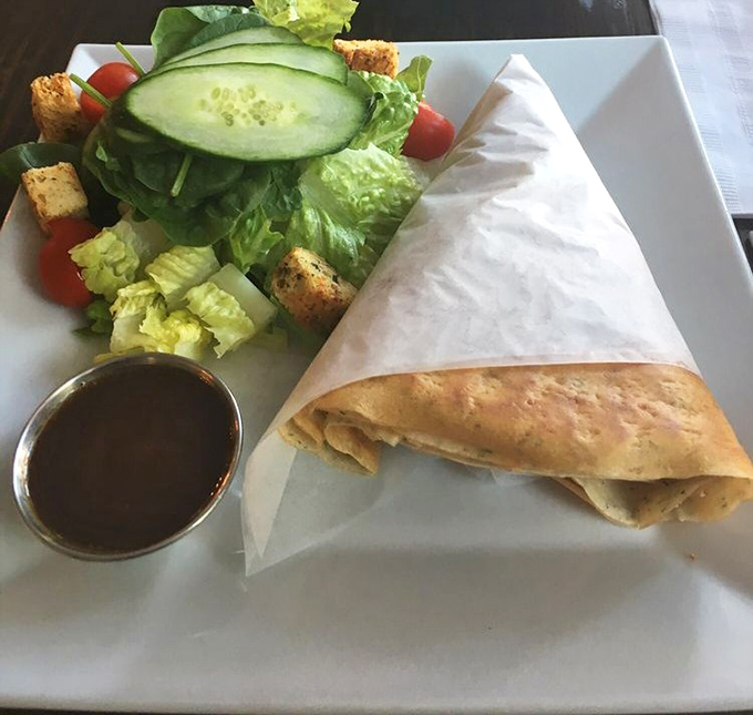 Not your average lunch wrap. This savory crepe comes with a side salad that's actually worth eating&mdash;a culinary unicorn!