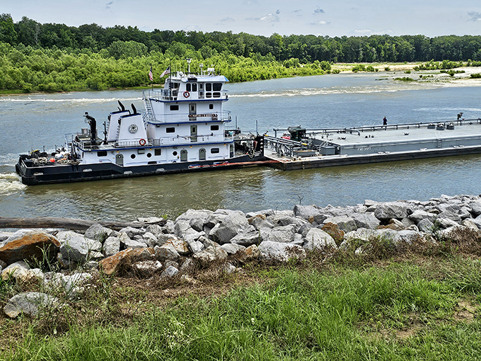 River commerce still flows through Demopolis, with working tugboats pushing barges along the waterways that shaped this historic town.