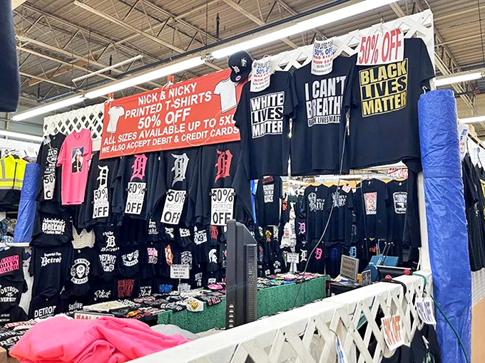 Detroit pride on full display&mdash;where local t-shirts become wearable souvenirs of Michigan culture and current events.